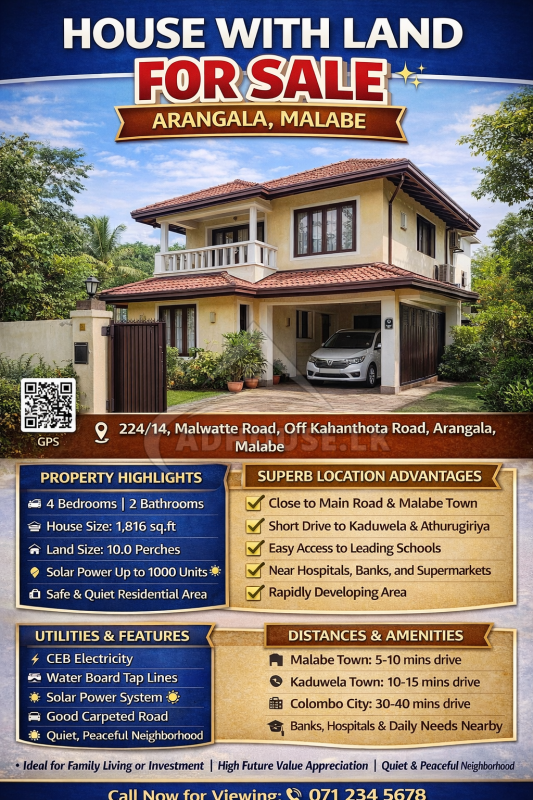 Two Story House with Land for Sale – Arangala, Malabe in Sri Lanka ...